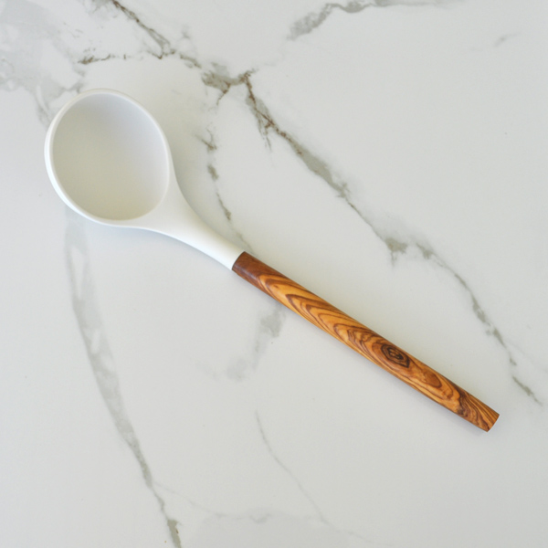Silicone Ladle (White) with Olive Wood Handle - 12" - Naturally Med